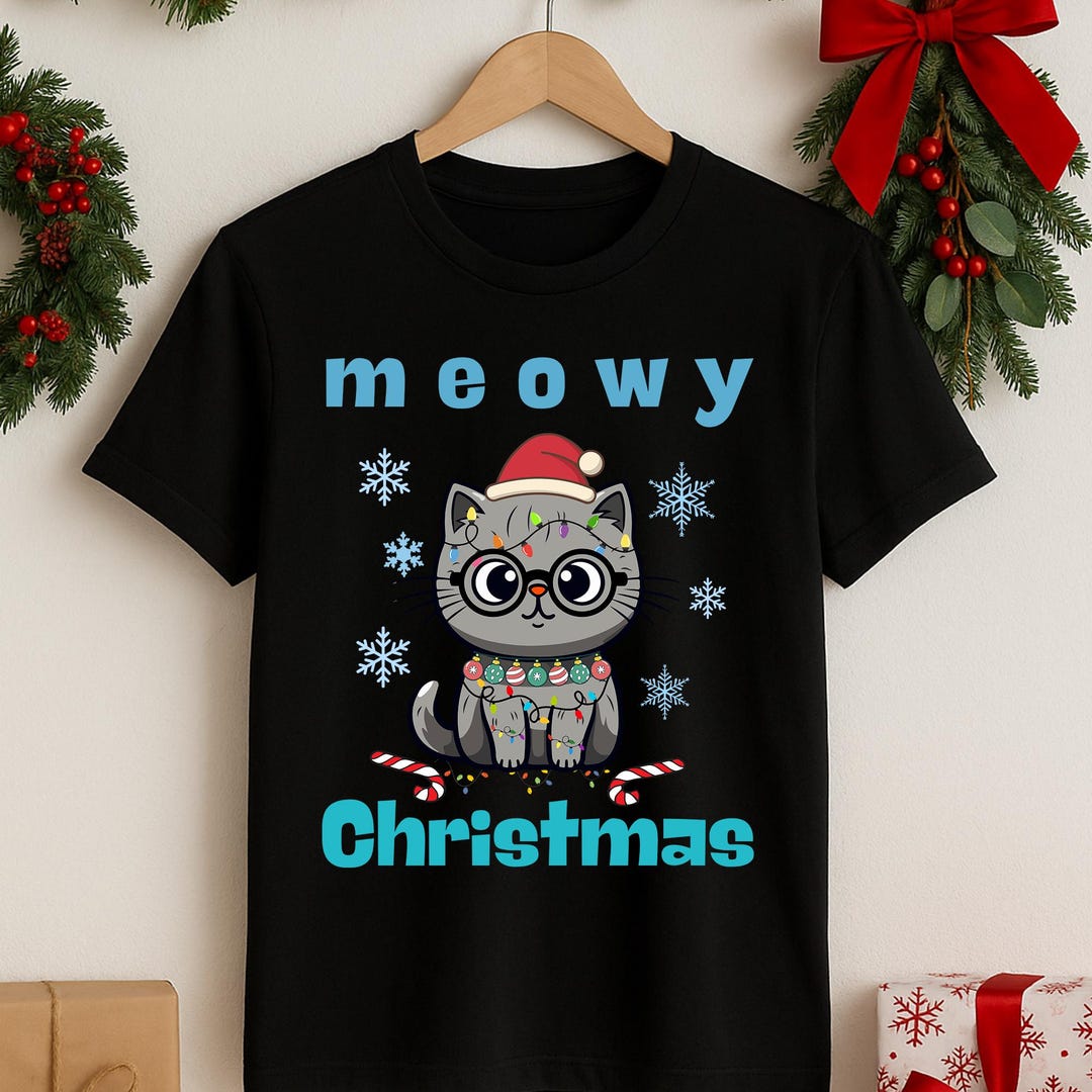 Meowy Christmas Cat PNG Bundle – Cute Gray Cat in Santa Hat With Lights ...