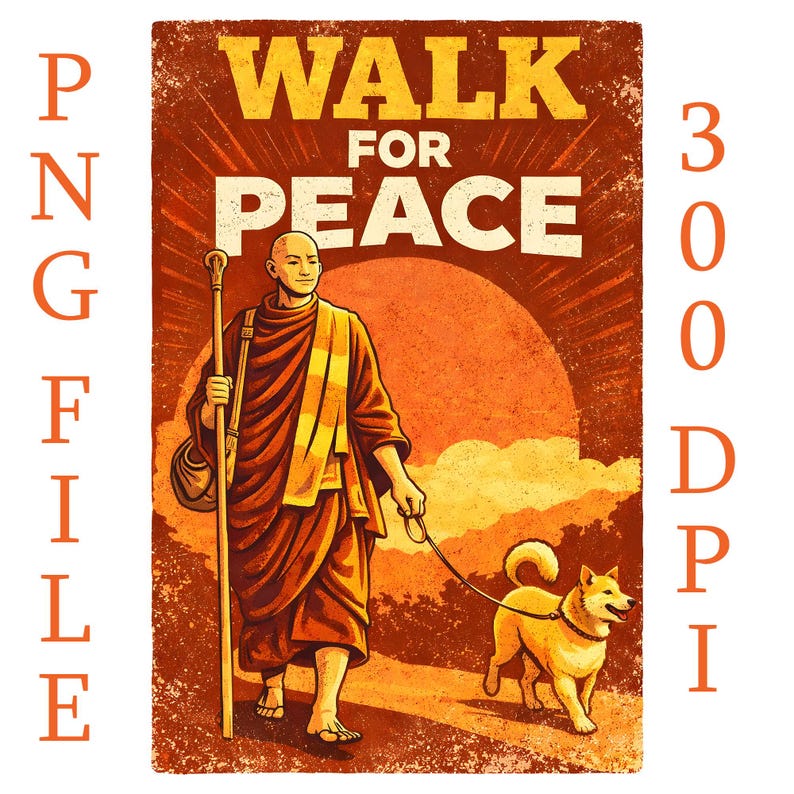Monk Walking With Dog,walk for Peace Aloha PNG Vintage Peace Art ...