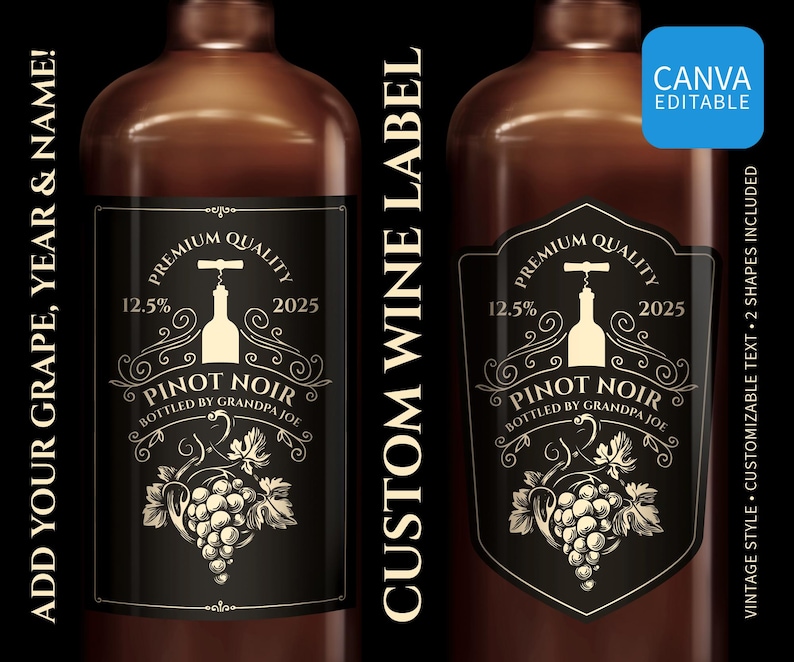 Vintage Black Wine Label Template • Canva Editable (2 Shapes) - Etsy
