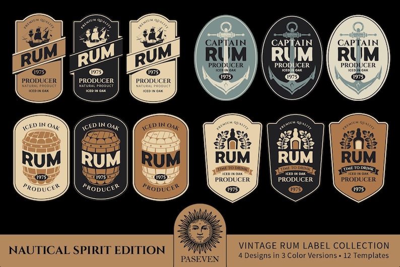 Vintage Nautical Rum Label Set – Printable Alcohol Bottle Stickers (AI ...