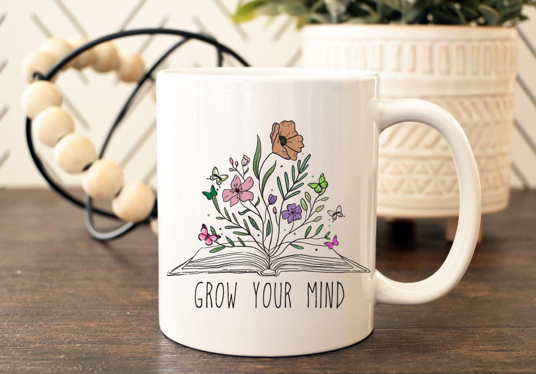 Grow Your Mind Mug | Floral Book Illustration Ceramic Mug - Etsy