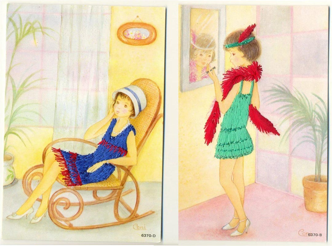 Flapper Girls Postcards 1920's Flapper Girl Blue Dress & Hat Girl Green ...