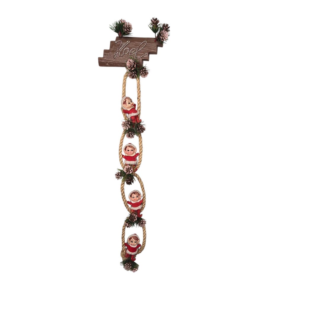 70s Pixie Rope Ring, Christmas Noel Flocked Elves Rope Ladder Plastic ...