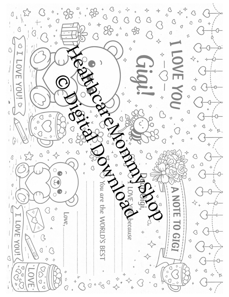Valentine Coloring Card for Gigi, Printable Valentine Card From Kids ...
