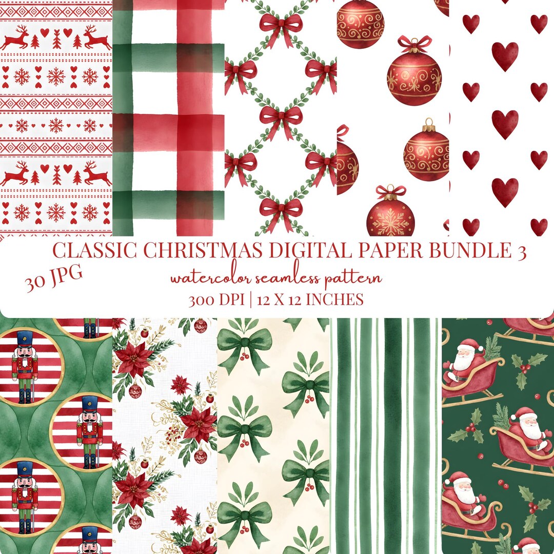 Classic Watercolor Christmas Digital Paper Set 3,preppy Plaid Stripes ...