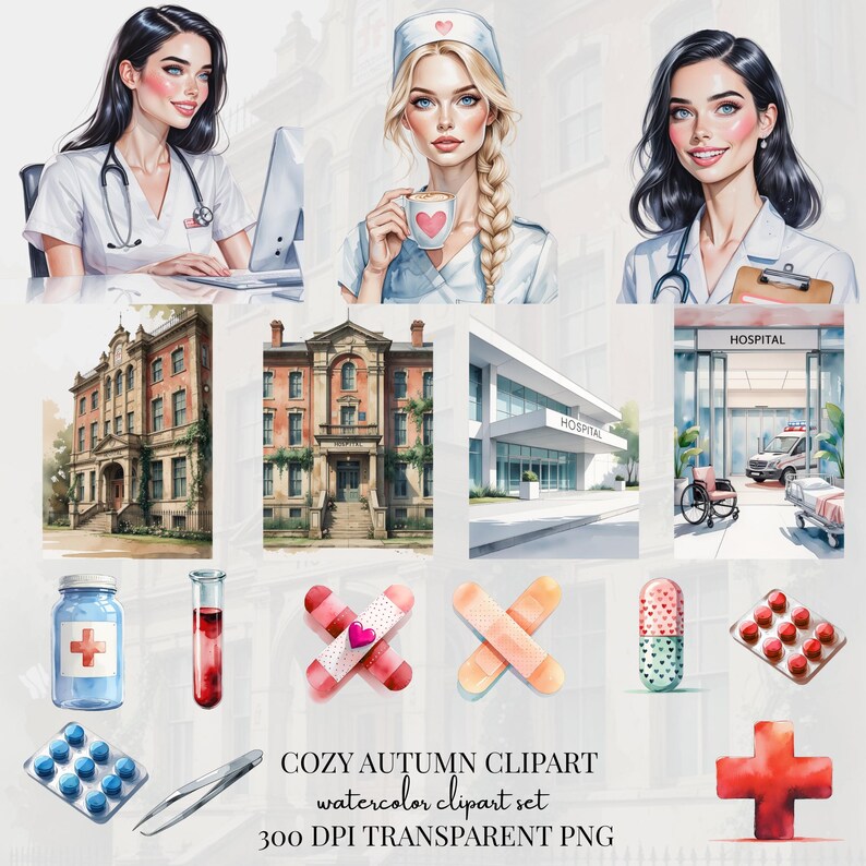 Nurse Set Clipart|digital Watercolor Medical Illustrations|pastel ...