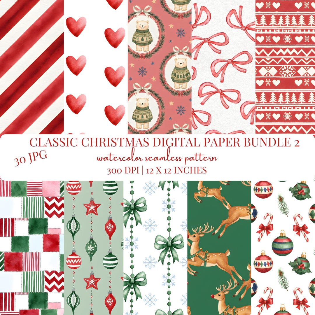 Classic Watercolor Christmas Digital Paper Set 2,preppy Plaid Stripes ...