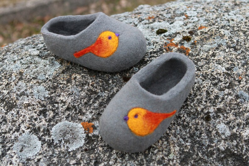 Felted Wool Slippers in Gray With Birds Decor. Toddler Shoe Size EU ...