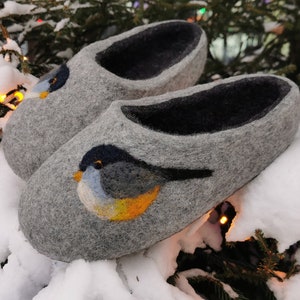 Handmade Natural Wool Slippers. Felted Woolen Slippers. Gray With Birds ...
