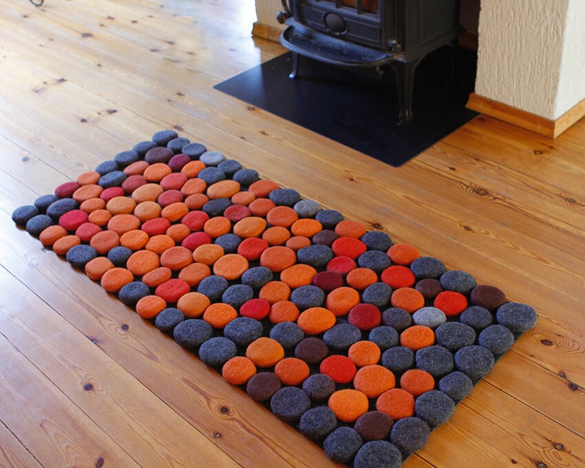 Hand Made Rug. Wool Felt Pebbles. Orange, Red, Gray, Dark Gray. Size 50 ...