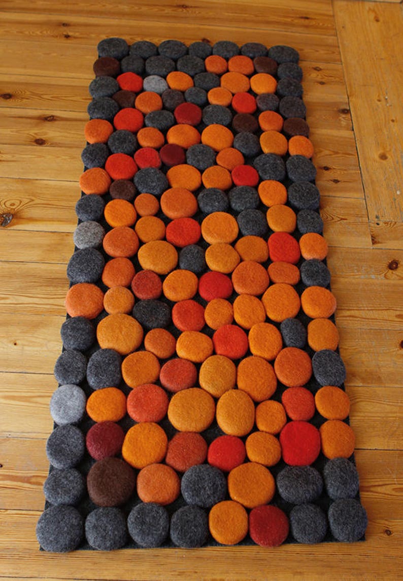 Hand Made Rug. Wool Felt Pebbles. Orange, Red, Gray, Dark Gray. Size 50 ...