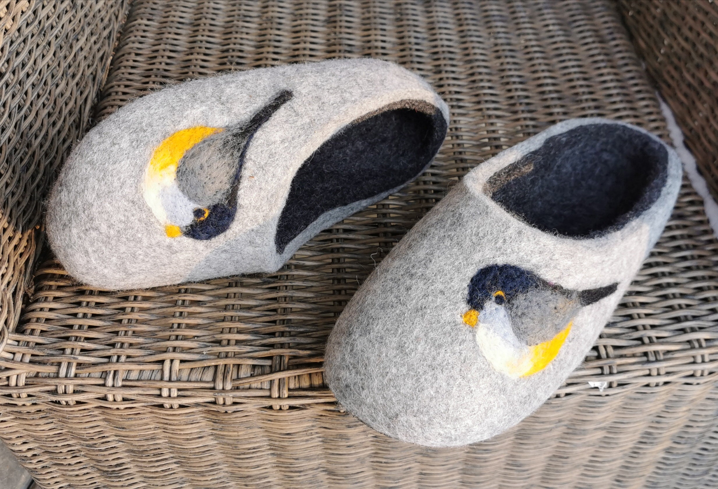 Handmade Natural Wool Slippers. Felted Woolen Slippers. Gray With Birds ...