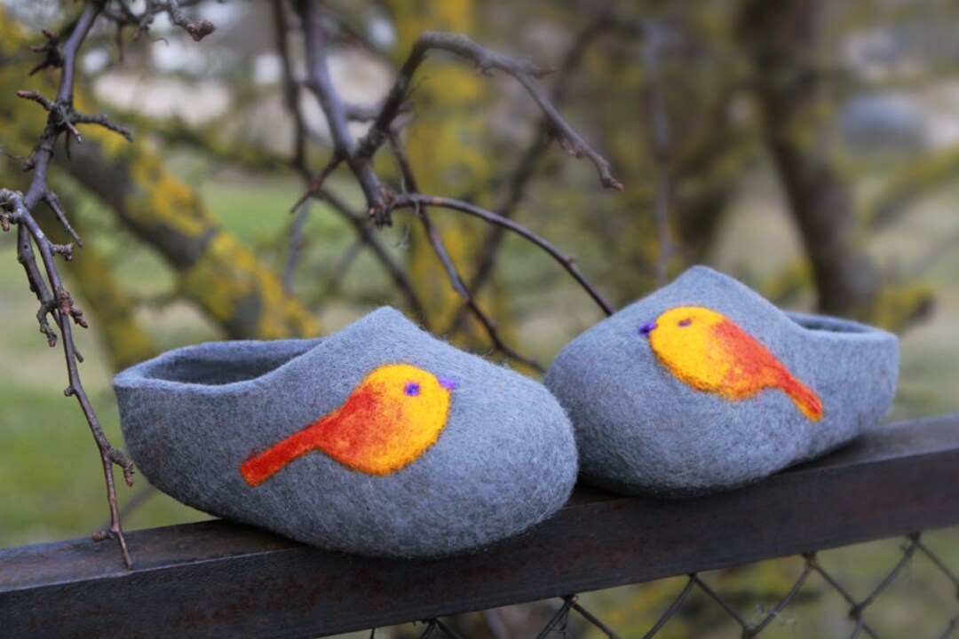 Felted Wool Slippers in Gray With Birds Decor. Toddler Shoe Size EU ...