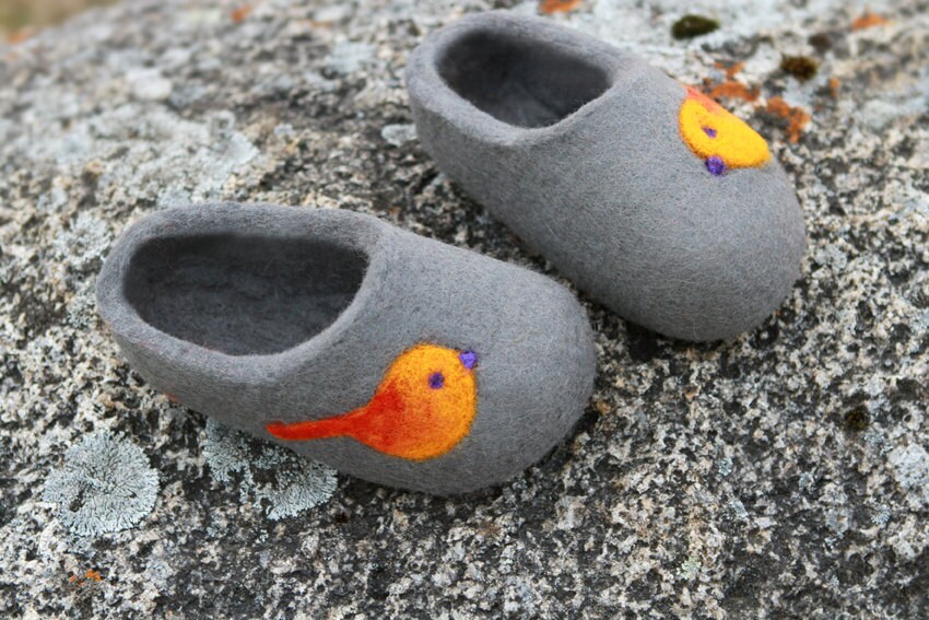 Felted Wool Slippers in Gray With Birds Decor. Toddler Shoe Size EU ...