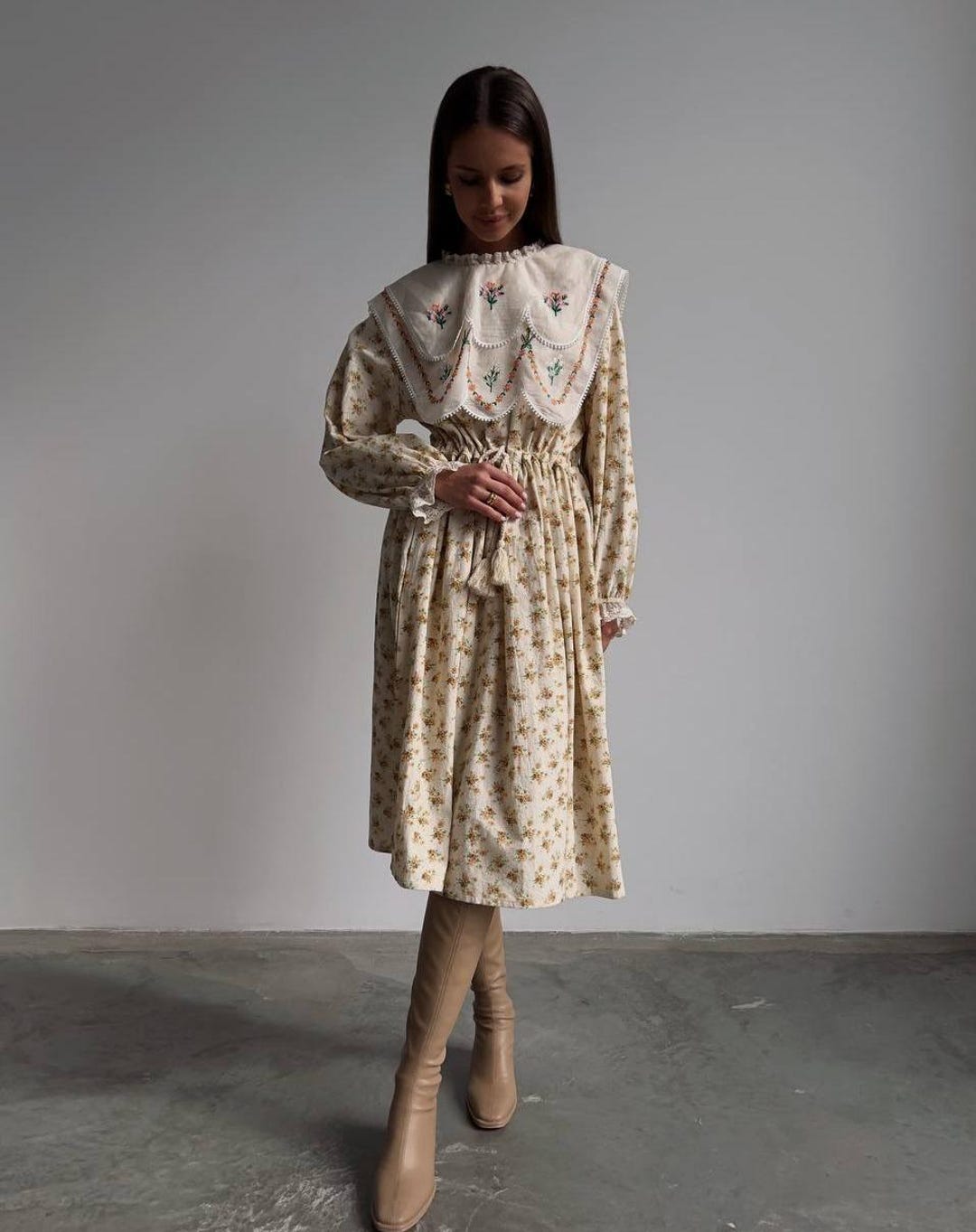 Beige Midi Dress – Cottagecore Prairie Modest Women Dress | Vintage ...