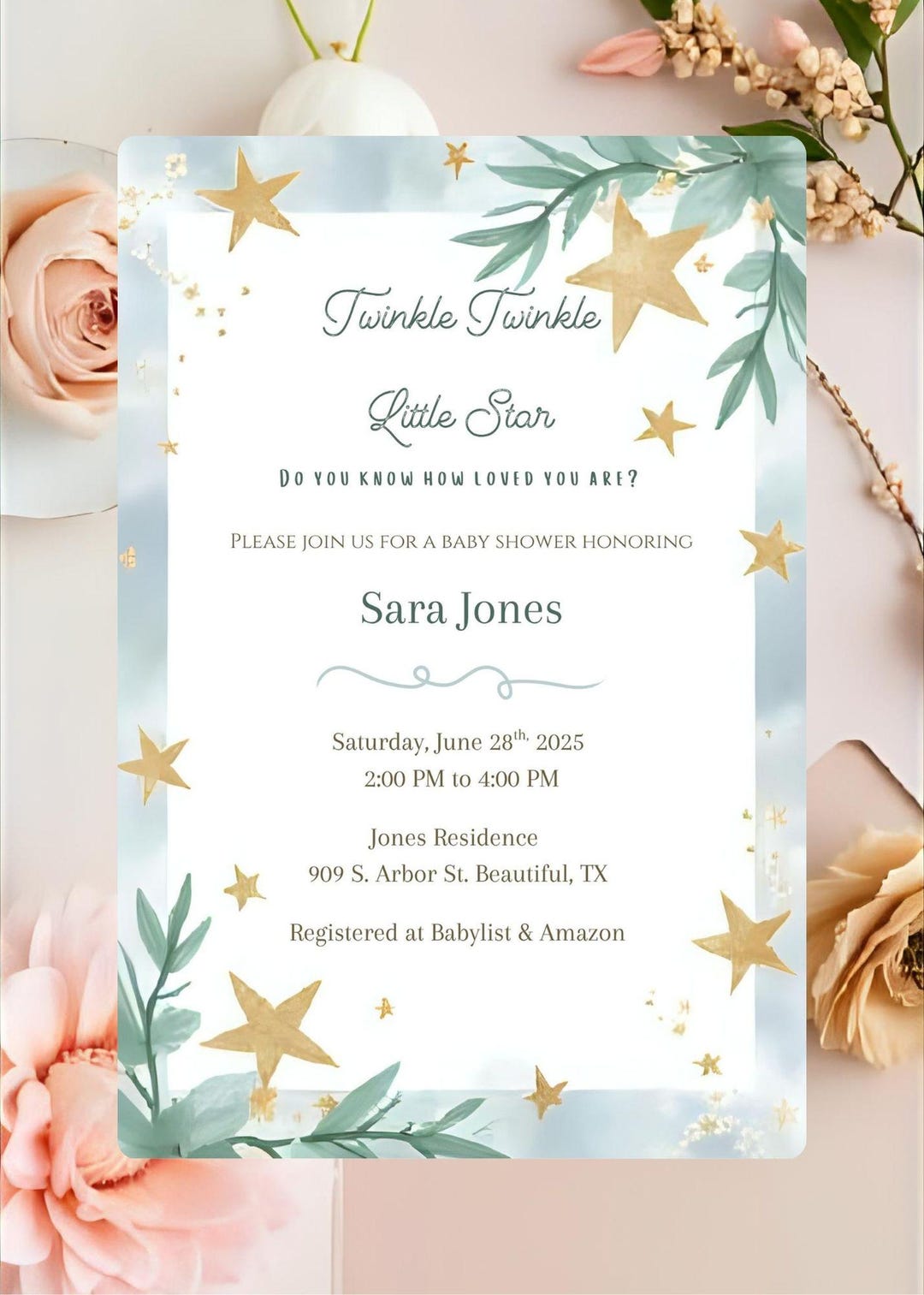 Twinkle Twinkle Little Star Baby Shower Invitation Template Set ...