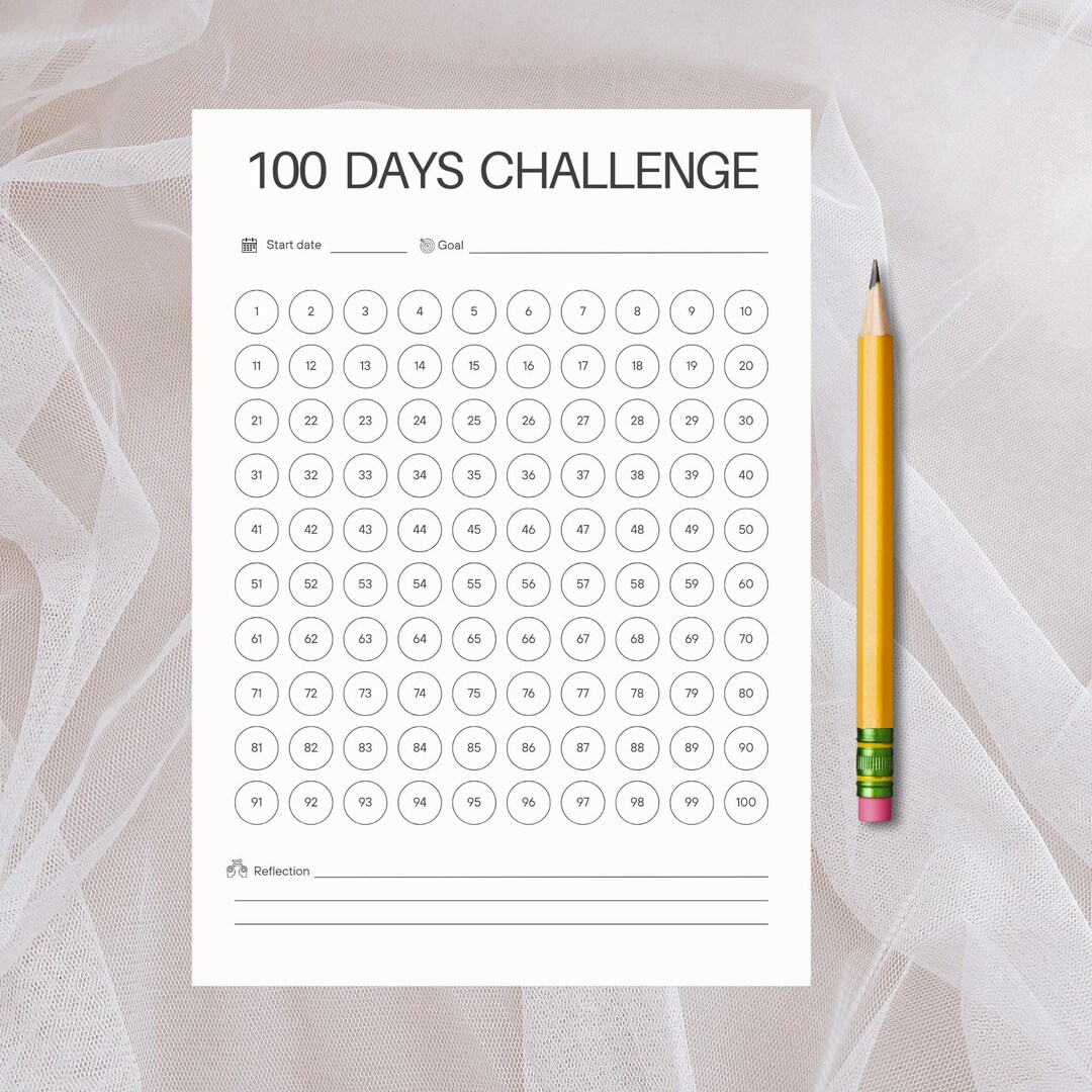 100 Days Challenge Printable | A4 Progress Tracker Template ...