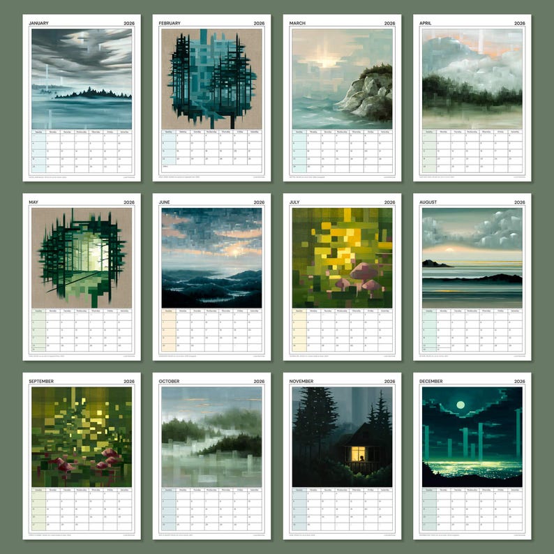 2026 Monthly Wall Calendar: Art Prints of Modern Pixelated Landscape ...