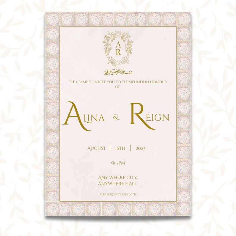Mehndi Nikkah Valima Wedding Invitation Templates: Gold Leaf Design ...