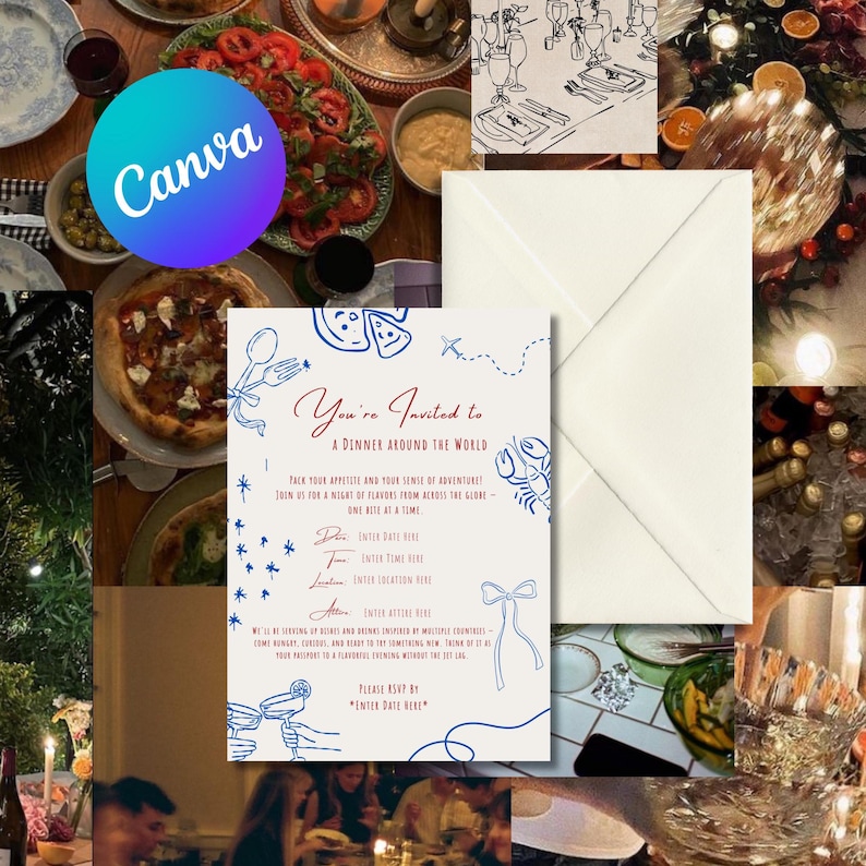 Around-the-world Dinner Party Invitation Canva Template | Dinner Party ...