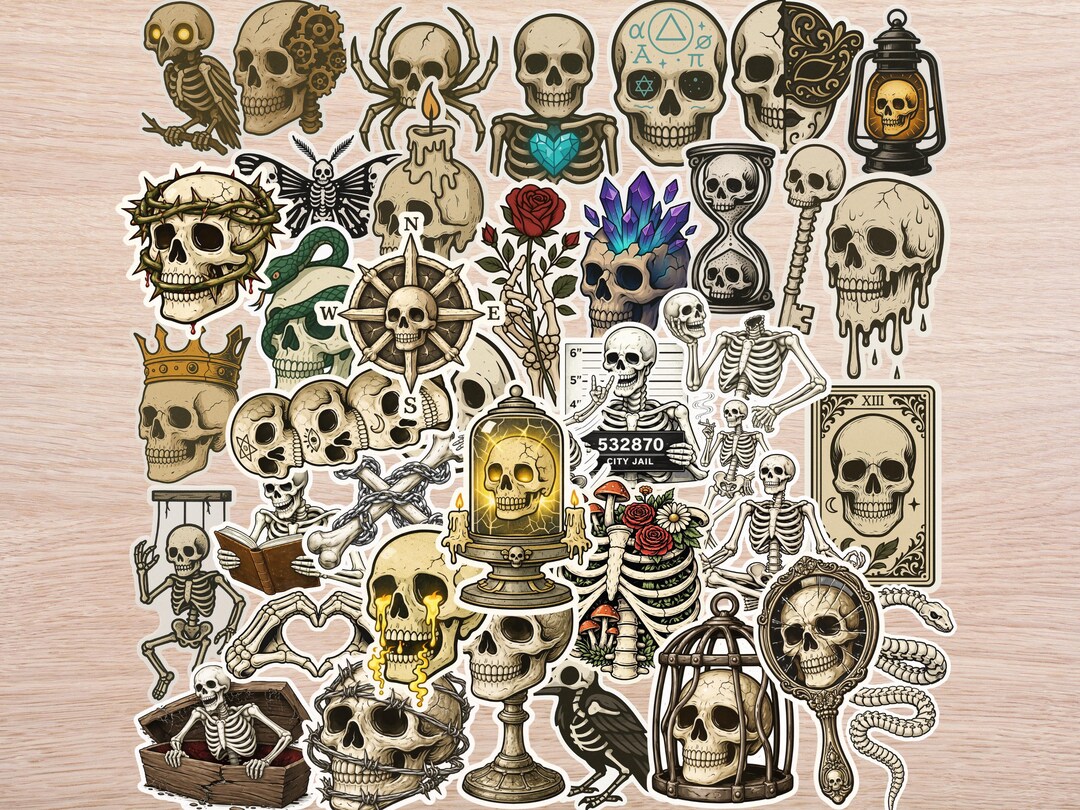 40 PC Skeleton Sticker Pack – Gothic Bone-inspired Designs With Skulls ...