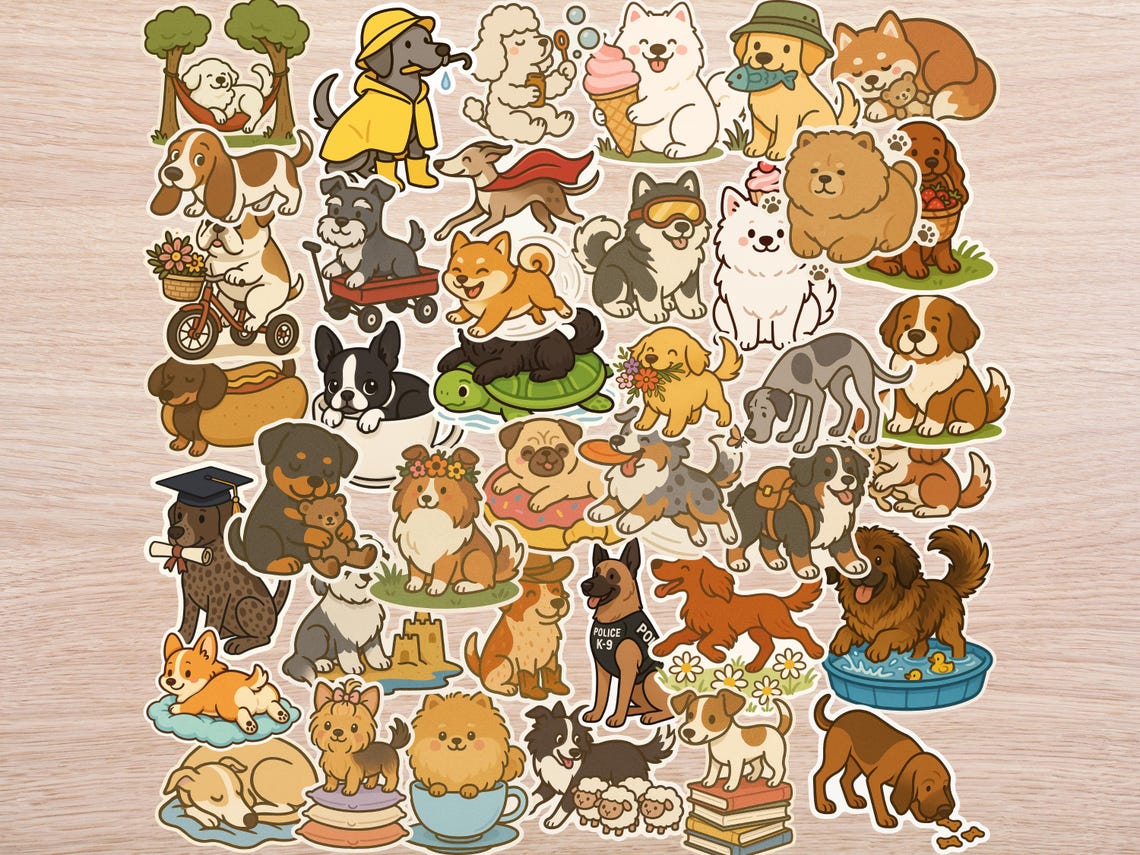 40 PC Puppy Party Sticker Pack – Cute Dog Breed Stickers, Kawaii Pet ...