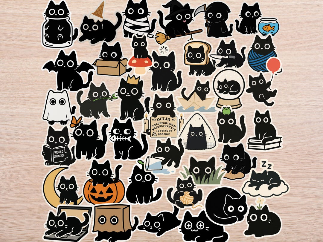 Black Cat Sticker Pack – 40 Minimal Whimsical Designs - Etsy