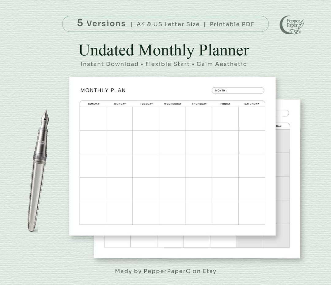 Simple Undated Monthly Planner Printable PDF – Minimalist Calendar, A4 ...