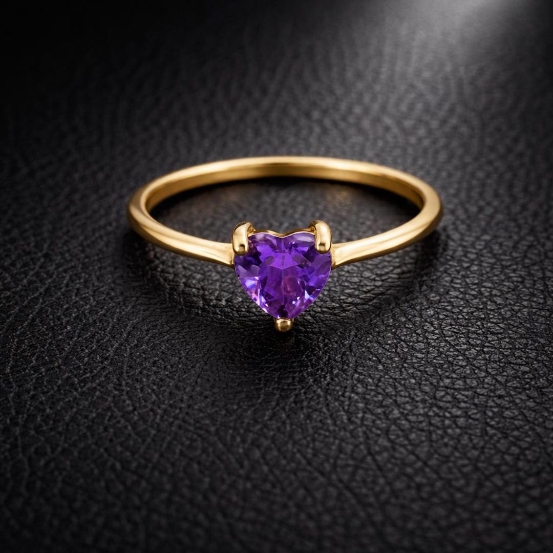 Handmade 10-14K Solid Gold Amethyst Heart Ring, February Birthstone - Etsy