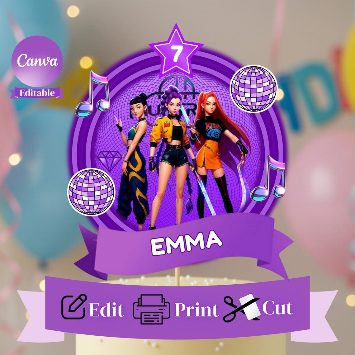Editable Kpop Demon Hunters Cake Topper, Huntrix Party Decoration ...