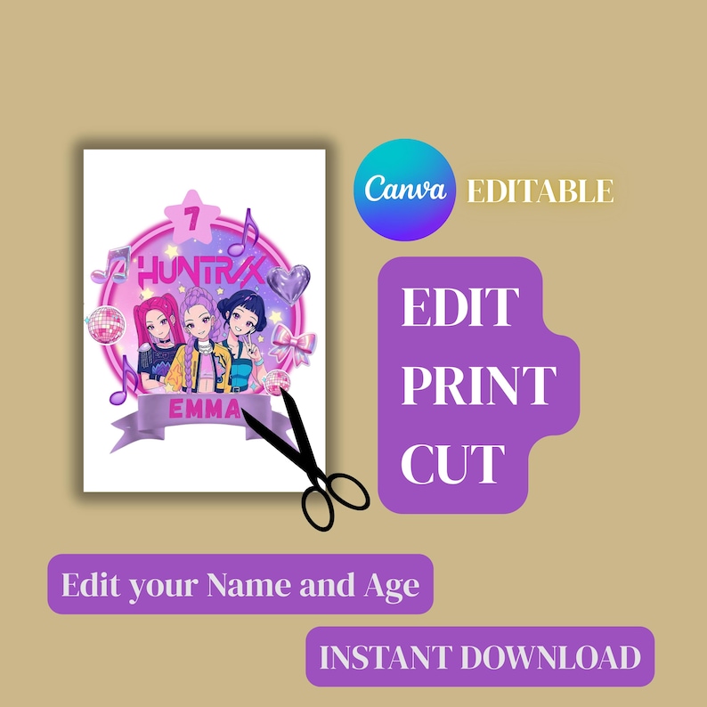 Editable Kpop Demon Hunters Cake Topper, Huntrix Party Decoration ...