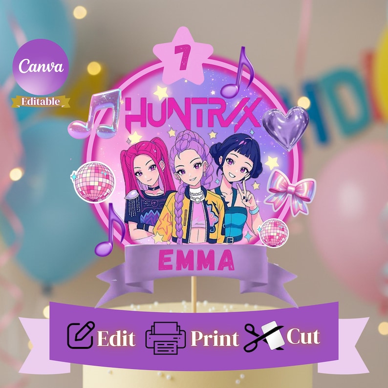 Editable Kpop Demon Hunters Cake Topper, Huntrix Party Decoration ...