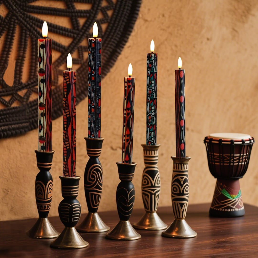 African Tribal Style Flameless Taper Candles Set - 10'' Battery ...