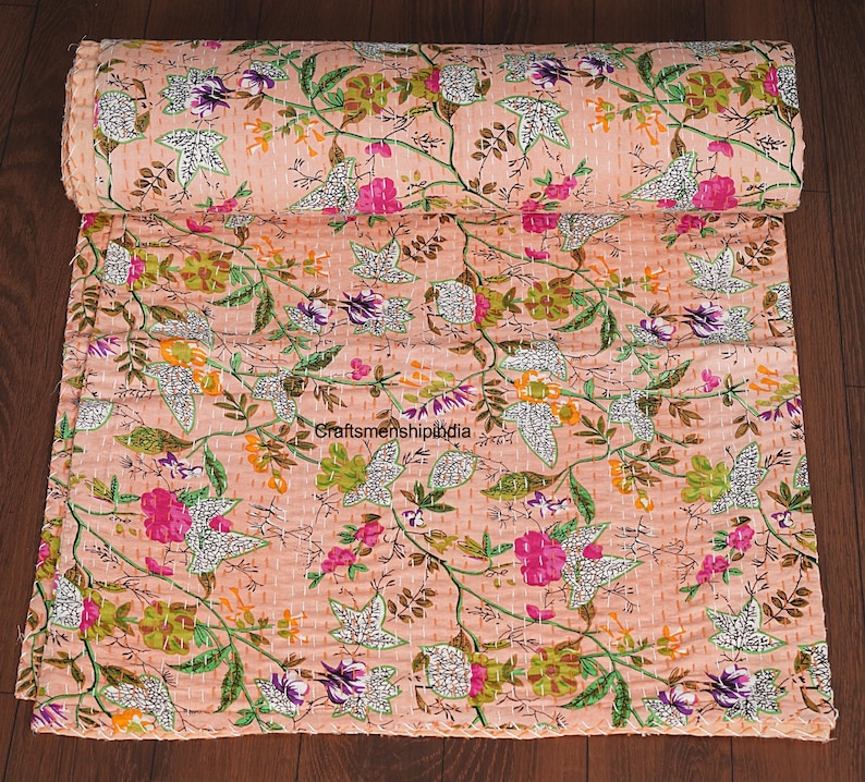 Handmade Kantha Quilt, Floral Block Print Cotton Bedspread, Boho Summer ...