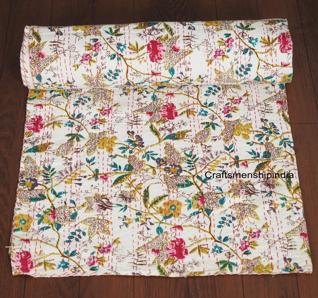 Handmade Kantha Quilt, Floral Block Print Cotton Bedspread, Boho Summer ...