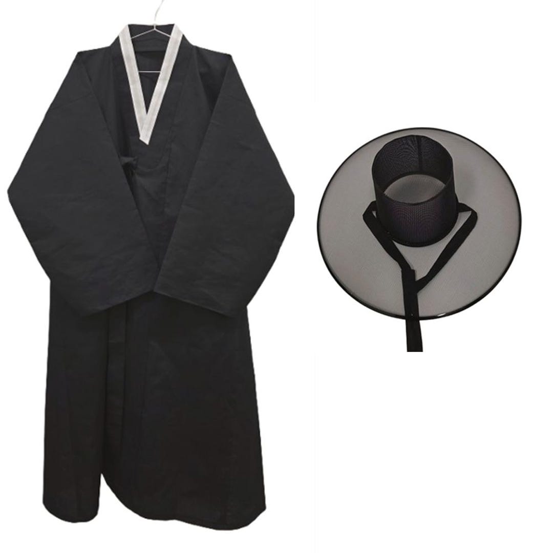Korean Men's Hanbok Costume Set, Black Dopo Robe & Gat Hat, K-pop ...