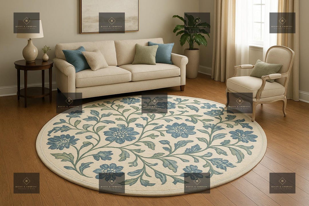 Round Blue Floral Area Rug, Botanical Vine Pattern Carpet - Etsy