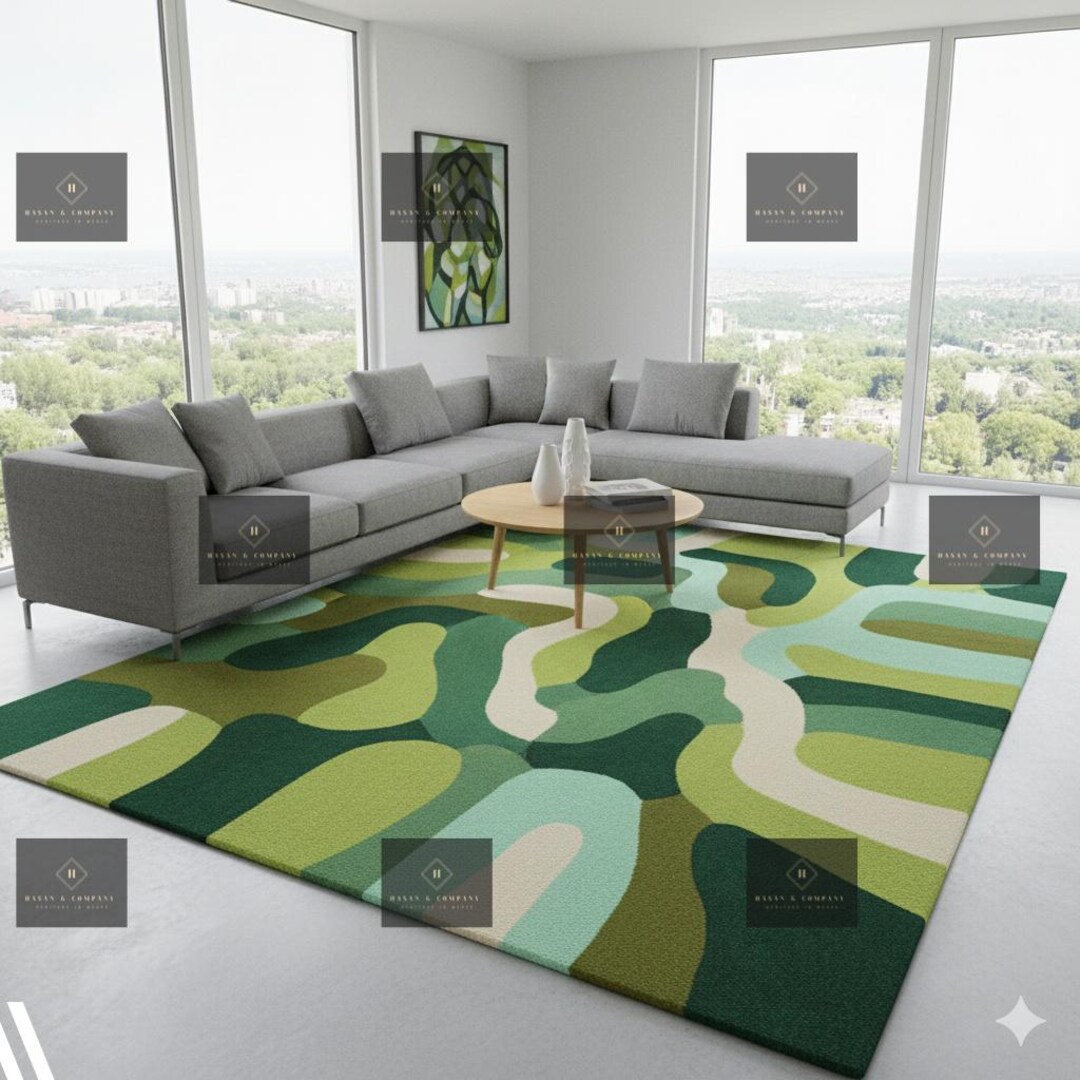 Abstract Green Area Rug – Contemporary Geometric Carpet, Custom Sizes ...