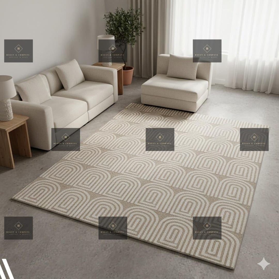 Modern Neutral Geometric Area Rug, Beige Minimalist Living Room Carpet ...
