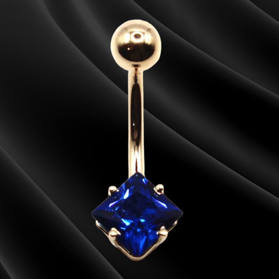 14K Gold Belly Ring With Blue Princess Custom Size Blue Belly Button ...