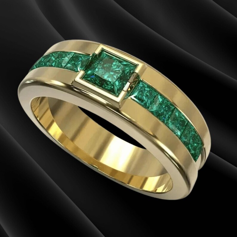 2.40tcw Men's Lab-vivid Green Emerald Wedding Gold Band Ring, 14k ...