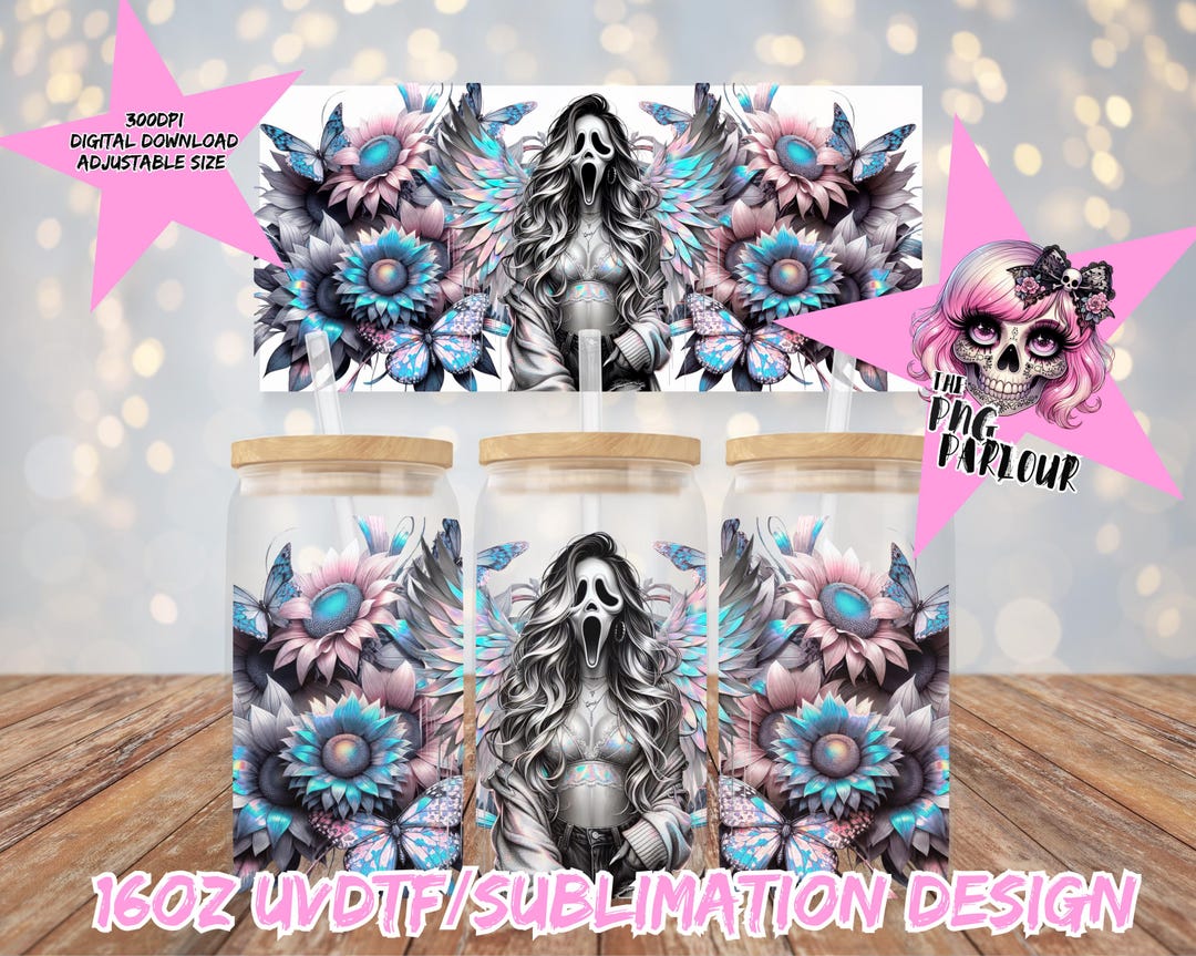 16oz Glass Can Snow Globe Tumbler Wrap • Horror Halloween Scream Mask ...