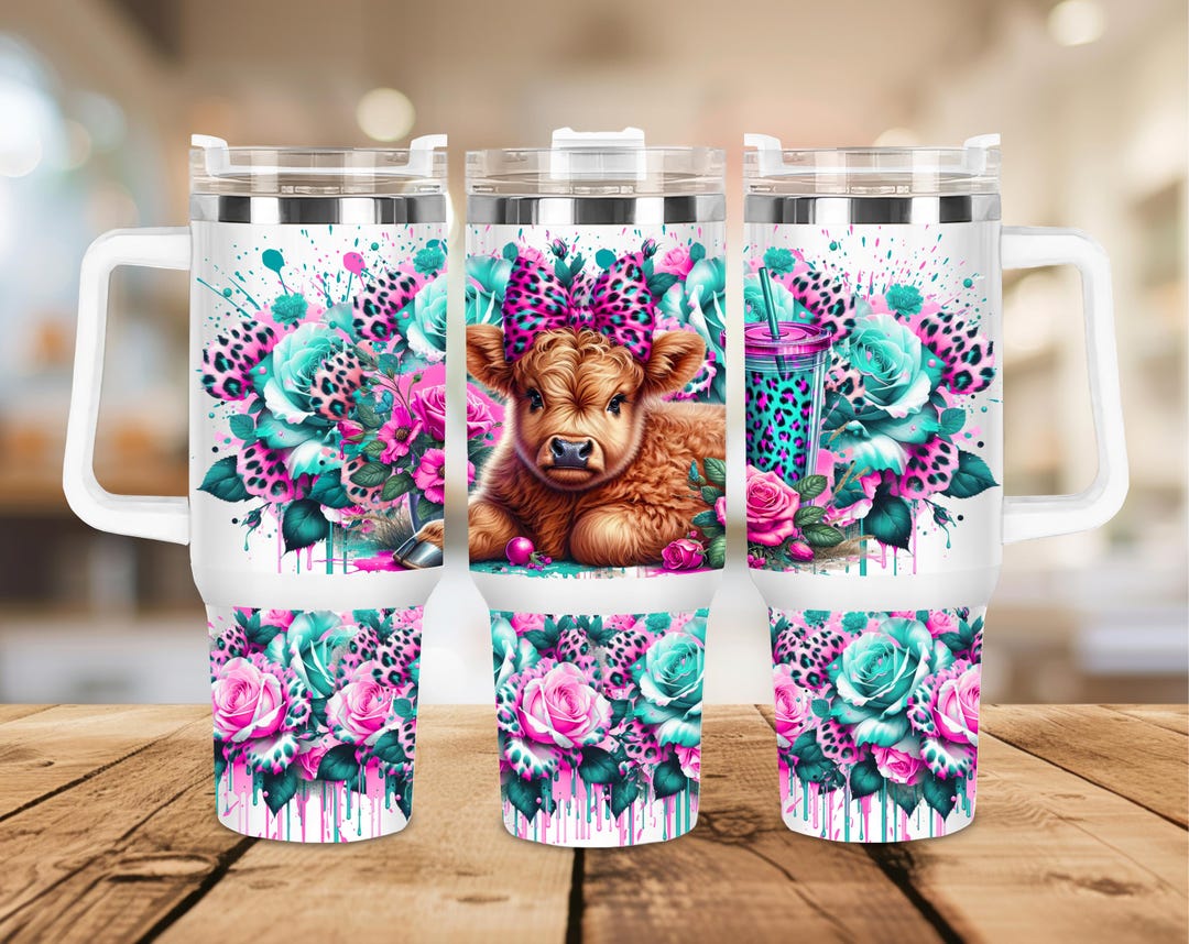 Highland Cow With Roses PNG - Cute Pink & Teal Cow Clipart – Floral Cow ...