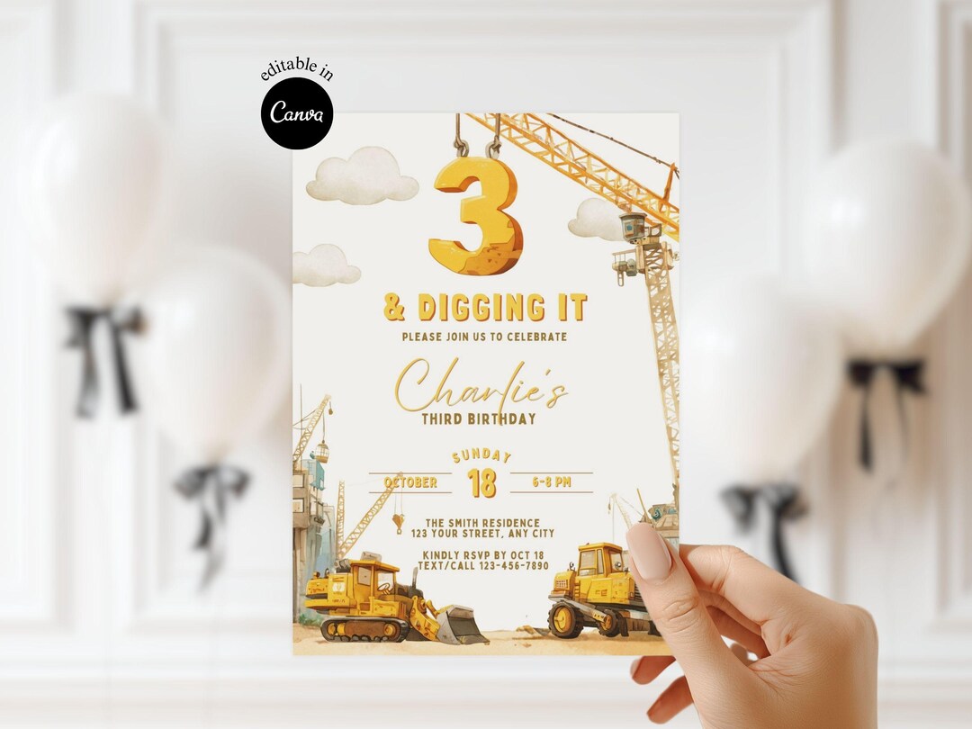 Construction Truck Excavator Digger Editable Kids 3rd Birthday Invite ...