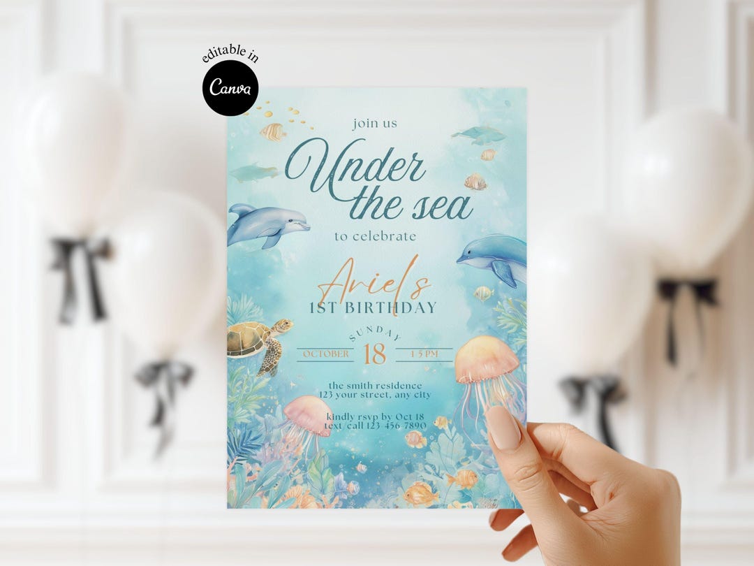 Editable Cute Ocean Animals Birthday Party Invitation Pastel Sea ...