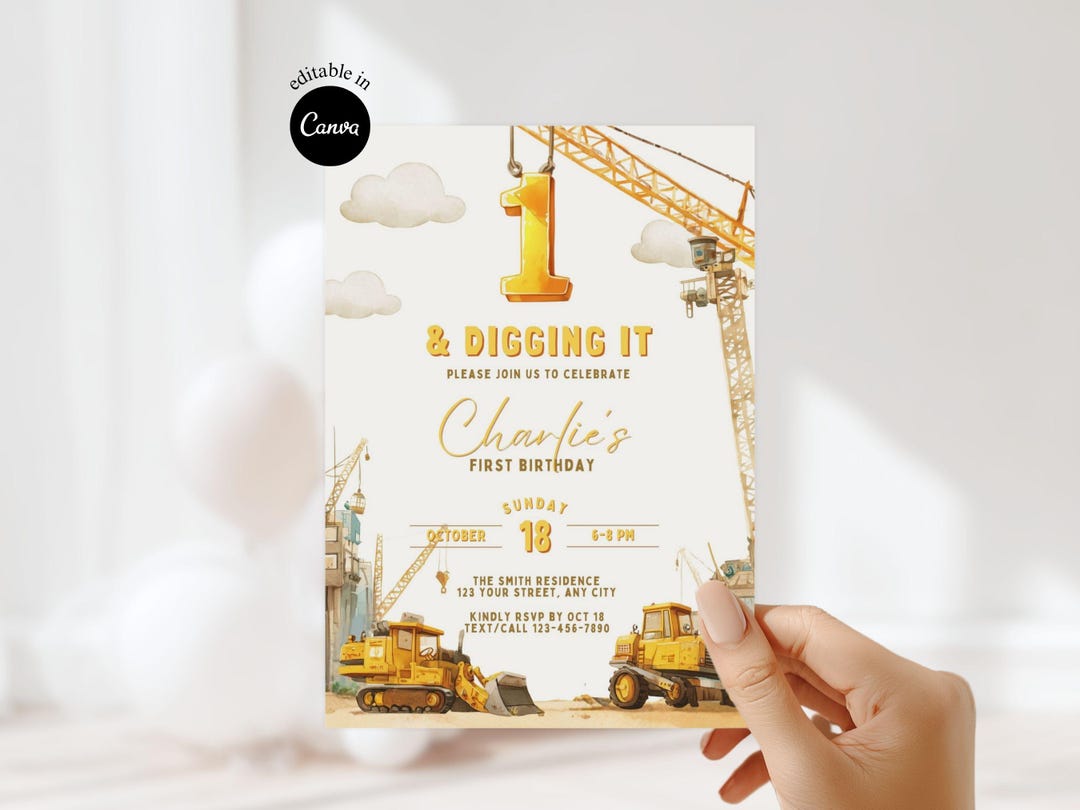 Digging It First Birthday Construction Theme Birthday Party Invitation ...