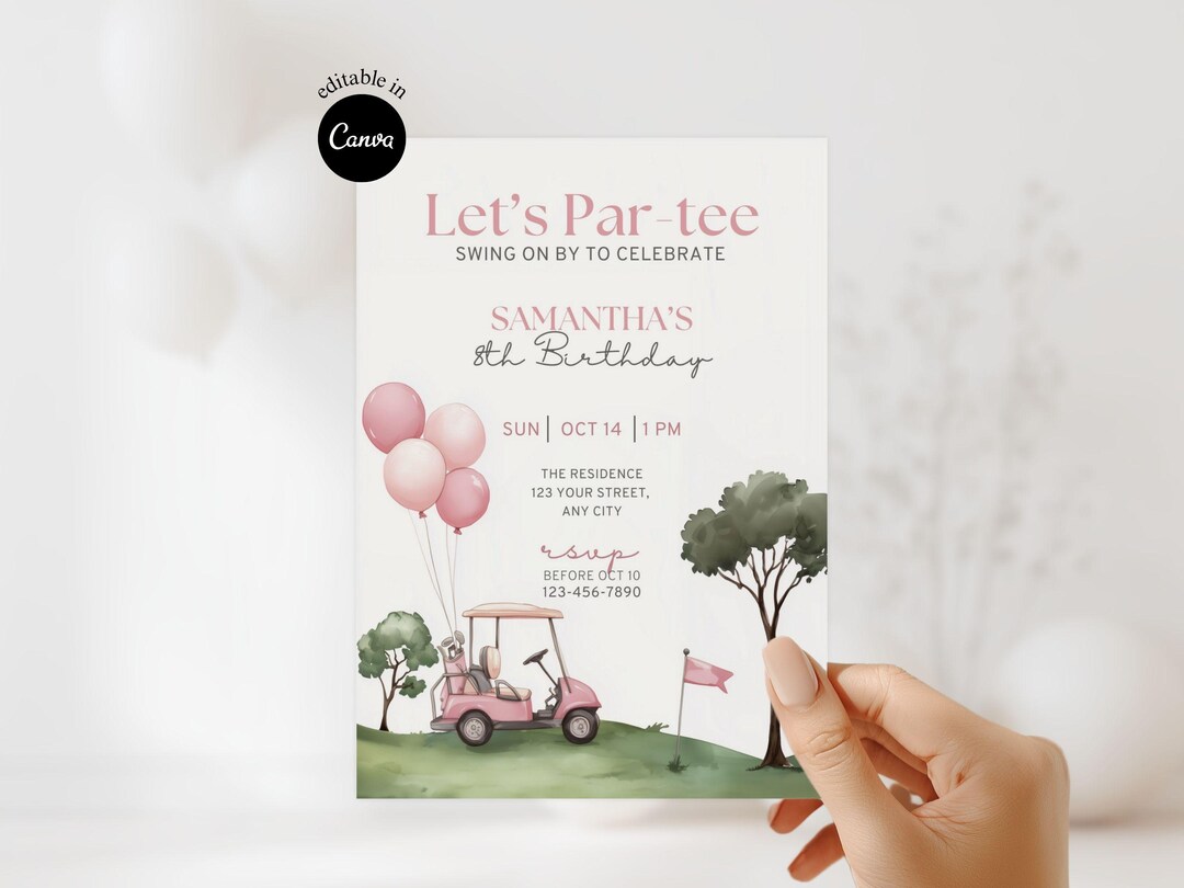 Editable Pink Golf Theme Party Invitation Golf Birthday Invitation Let ...