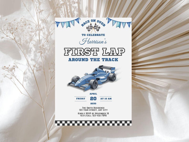 Editable Boy 1st Birthday First Lap Around the Track Invitation Blue ...