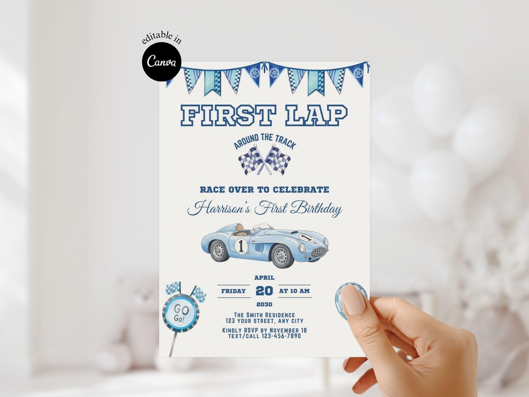 Editable Racing Car Invitation First Lap Around the Track Boy 1st ...