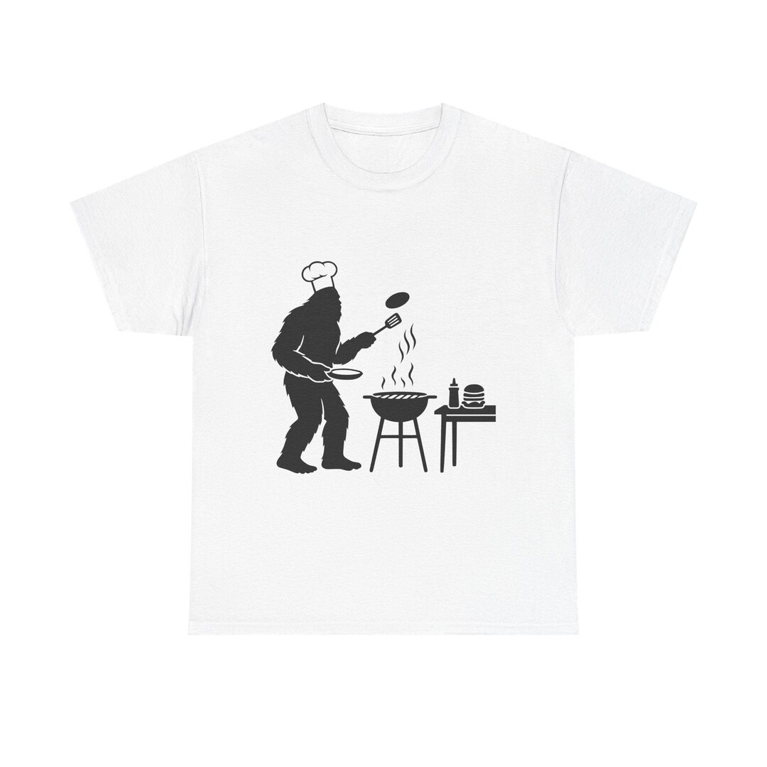 Chef Bigfoot Burger Cooking Tee - Fun Unisex Heavy Cotton T-shirt, Gift ...